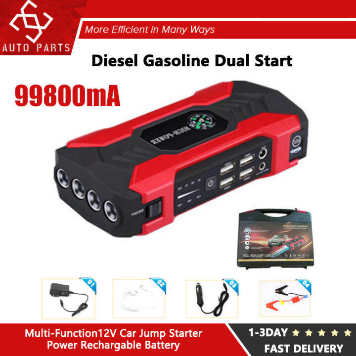 99800mAh Multi-Function 12V Car Jump Starter Emergency Power Bank Rechargable Battery USB Ignite ...