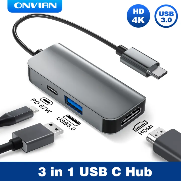 ONVIAN USB ฮับ3 In 1 Type C ฮับ HDMI อะแดปเตอร์ USB 3.0 PD 87วัตต์ USB ...