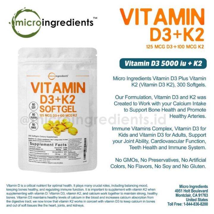 Micro Ingredients Vitamin D3+K2 300 softgels / Vitamin d3 K2 | Lazada Indonesia
