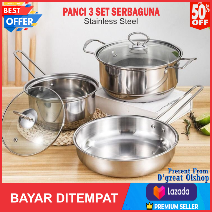 PROMO!! Panci 3 Set Serbaguna Stainless Steel / Panci Set 3 Pcs / Panci ...