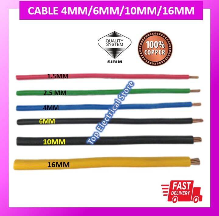 SIRIM CABLE 4MM 6MM 10MM 16MM 25MM (PER METER)100% PURE COPPER KABEL SIRIM SINGLE CORE PVC CABLE ...