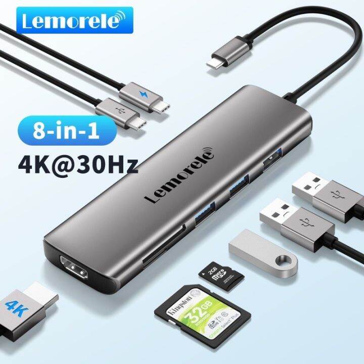 Lemorele 8 in 1 USB 3.0 Hub to Type C Docking Station 100W PD Multiport Adapter 4K HDMI SD/TF ...