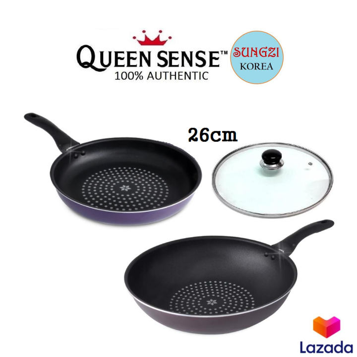 QUEEN SENSE Diamond Cast Fry Pan with Wok Pan and Pan Glass Lid 26cm ...