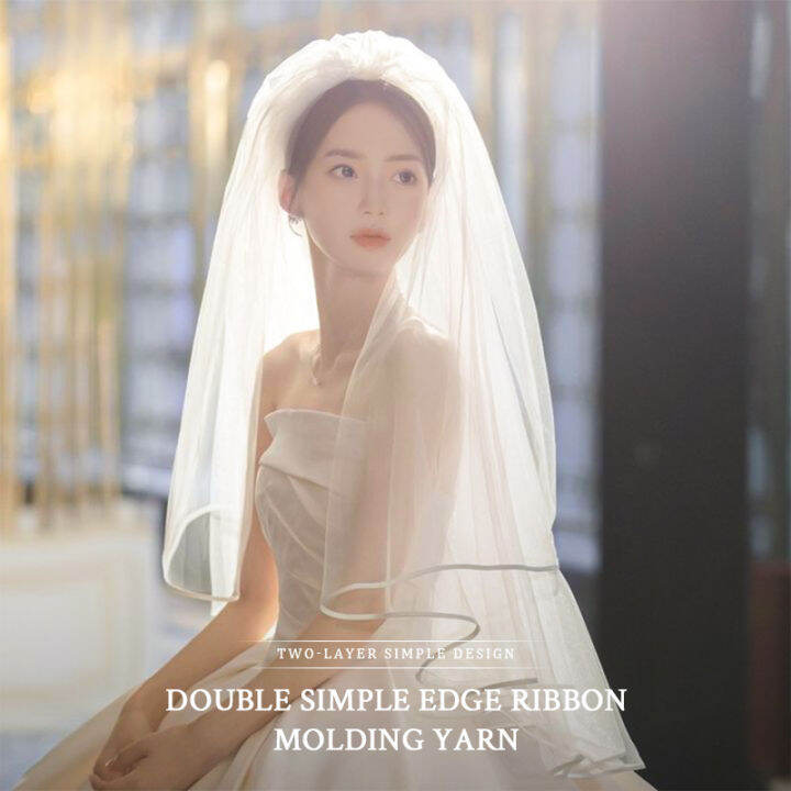 Bridal Veil Double-layer Simple Binding Ribbon Veil Styling Headdress ...