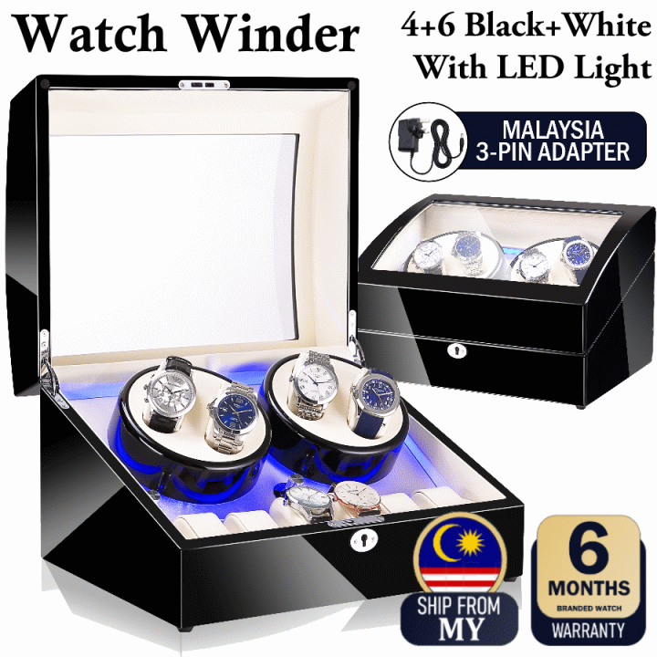 Premium Auto Watch Winder Automatic Rotate Watch Box 4+6 Black + White ...