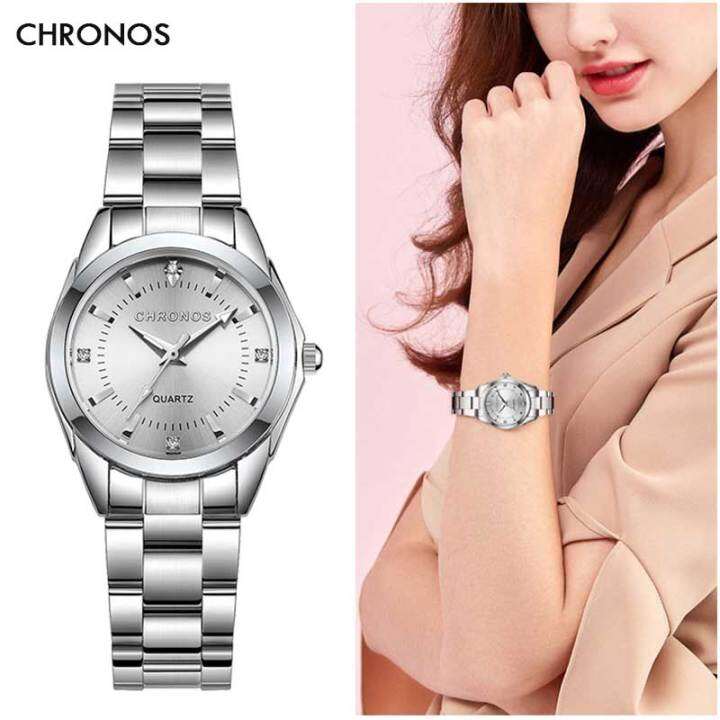 CHRONOS ผู้หญิงหรูหรา Rhinestone แสตนเลสเหล็กแร่ควอทซนาฬิกานาฬิกาข้อมือ ...