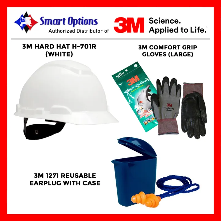 3M Hard Hat H-701R White with 3M 1271 Reusable earplugs and 3M Comfort ...
