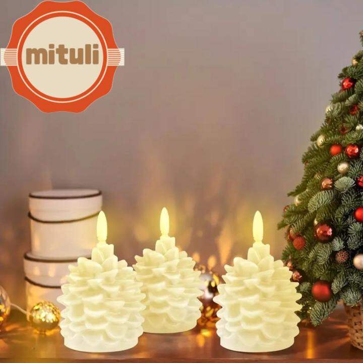 MITULI การจำลองแบบจำลอง แสงเทียนทรงกรวยต้นสน แสงสีอบอุ่น Flameless ...