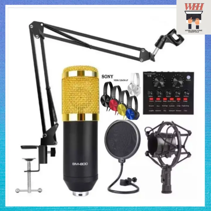 Condenser Microphone V8 Sound Card Karaoke Set, BM-800 Mic Kit with Live Sound Card and Bass ...