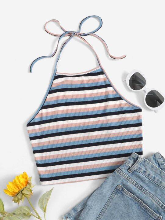 Tie Back Rib-Knit Rainbow Striped Halter Top | Lazada PH
