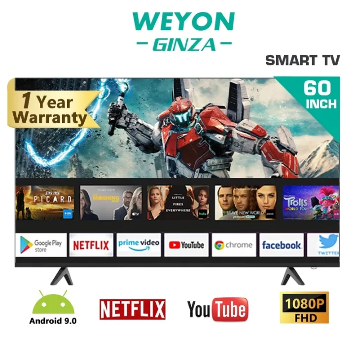 GINZA Smart TV 60 inch Flat ScreenTV LED Boundless Screen Android Full ...