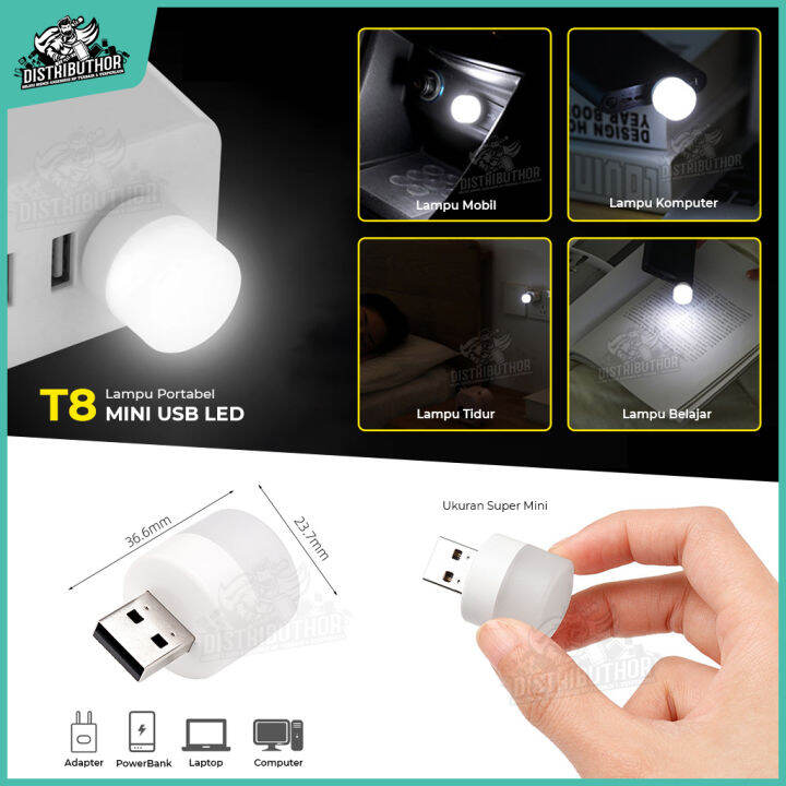 Lampu USB LED T8 Mini Portable Lid Ukuran Kecil Bulat Bolam let Terang ...