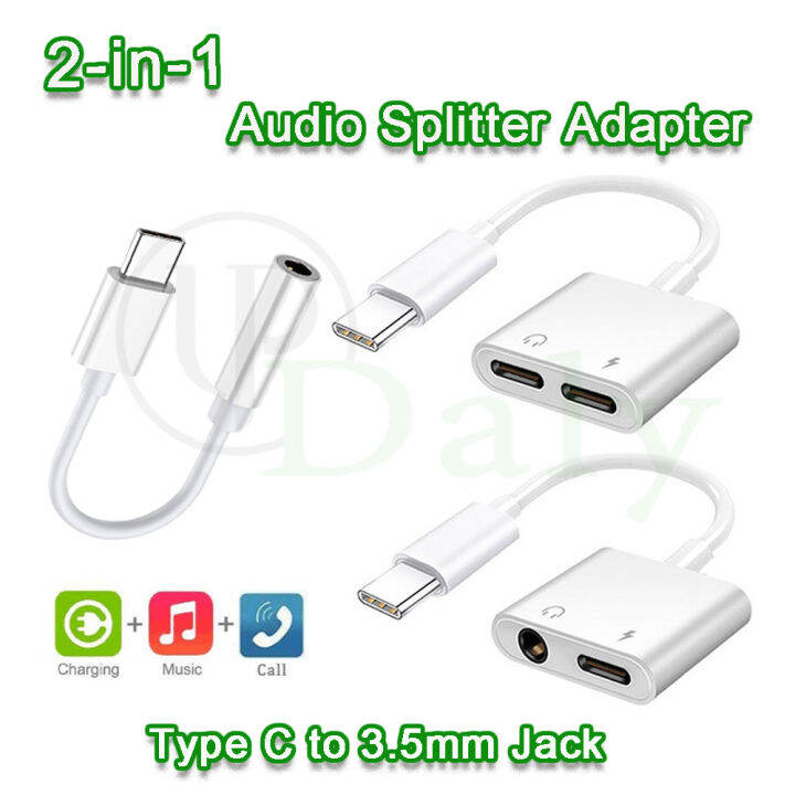2 In 1 Type-C Adapter Splitter Earphone Dual Type-C 3.5mm Jack AUX ...