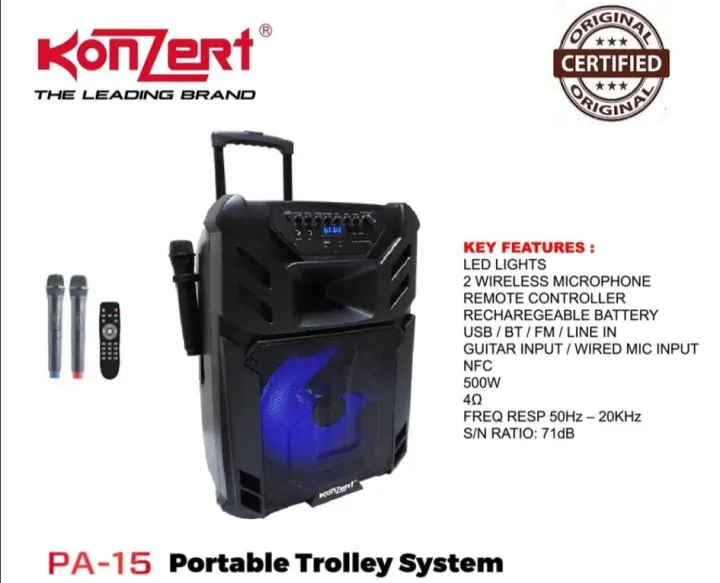 KONZERT PA-15 15" PORTABLE TROLLEY SPEAKER SYSTEM WITH BLUETOOTH / USB SLOT / SD CARD READER ...