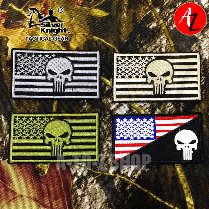 SILVER KNIGHT Tactical Embriodered Velcro Patches Magic Sticker Fag with Punisher Skull Patch ...