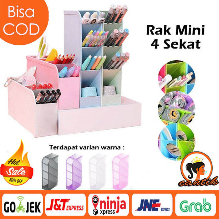 Rak Mini 4 Sekat / Rak Laci Plastik 4 Slot Pulpen Spidol / Desktop ...