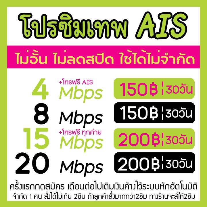 ซิมเน็ตAIS 20Mbps 15Mbps 8Mbps และ 4Mbps โทรฟรีทุกเครือข่าย มีให้เลือก 4 แบบ จำกัดคำสั่งซื้อไม่ ...