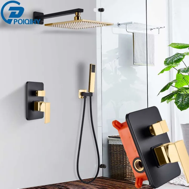 Black Golden Shower Set Wall Bathroom Shower Mixers Brass Rainfall ...