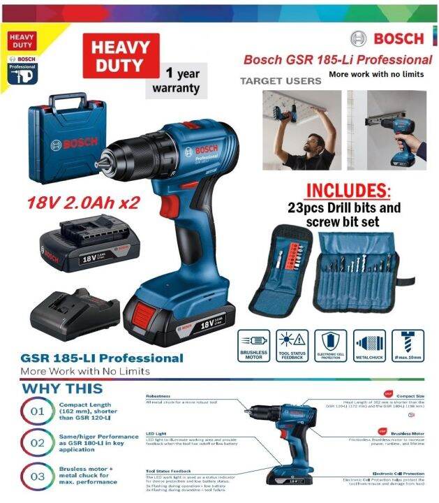 Bosch GSR 185-Li Brushless Metal Chuck Cordless Drill Driver | Lazada