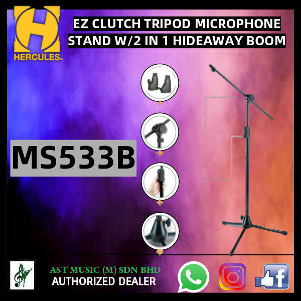 Hercules MS533B EZ CLUTCH TRIPOD MICROPHONE STAND W/2 IN 1 HIDEAWAY ...