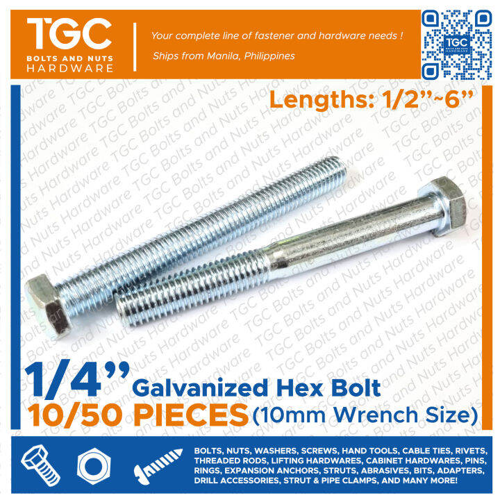 TGC 10/50PCS GI Hex Bolt 1/4 inch x 1/2 ~ 6 inches Galvanized Hex Bolt ...