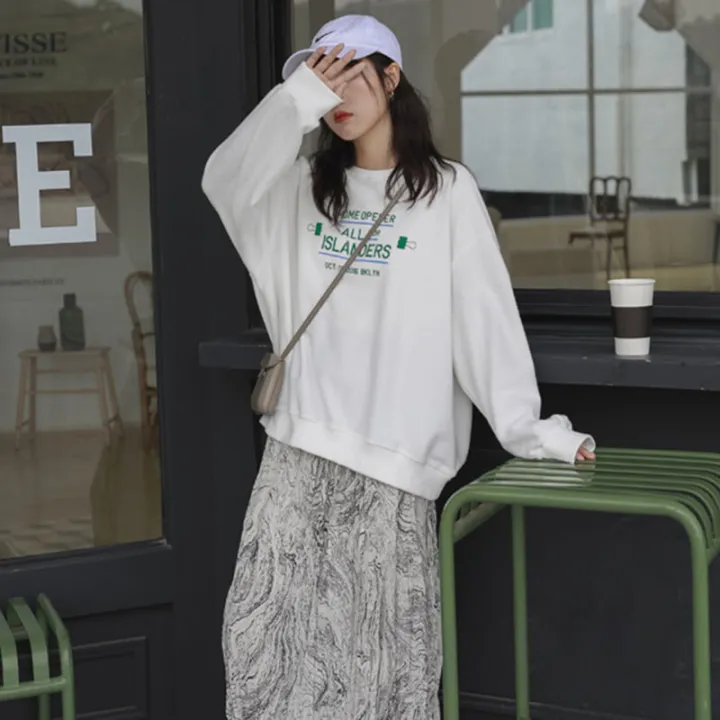 PNXK เสื้อกันหนาวหมวกสไตล์เกาหลีรอบคอจดหมายพิมพ์สบายๆหลวมเสื้อยืดใน ...