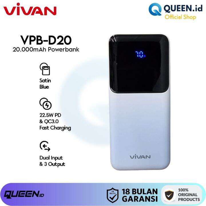 VIVAN VPB-D20 Power bank 20000mAh 22.5W QC PD LED TYPE C 3 Port Fast | Lazada Indonesia