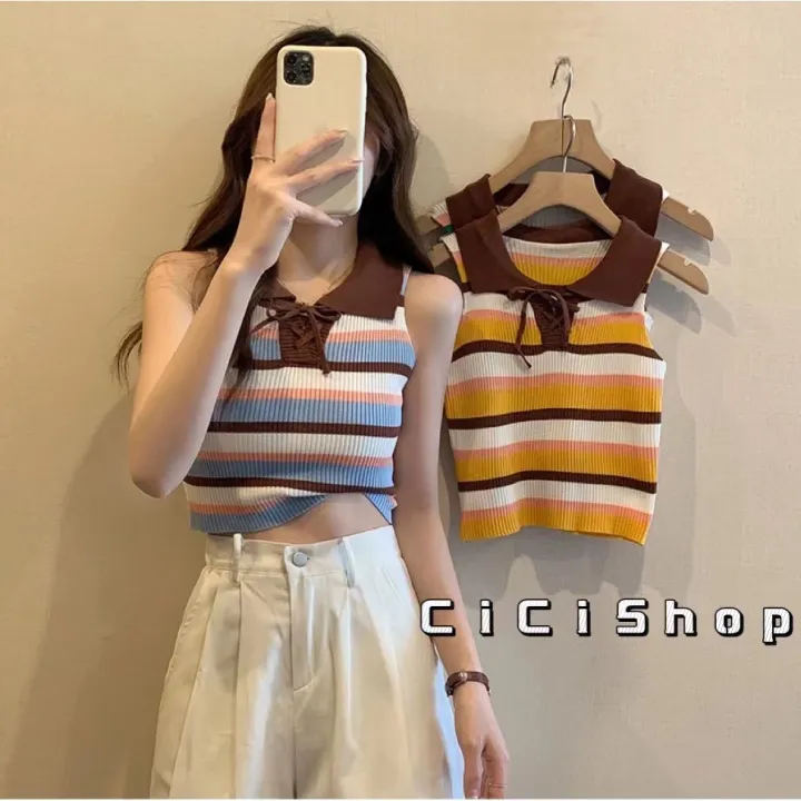 Cici(Y046)เสื้อแขนกุดลายทาง คอปก แต่งสายผูกโบว์ สีพาสเทลสลับ น่ารักมินิ ...