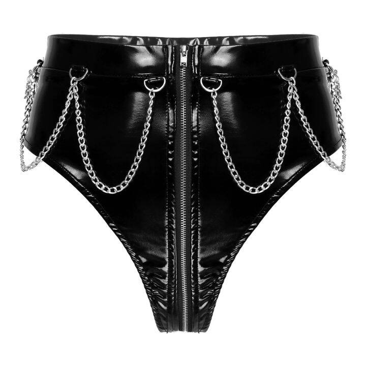 Black Women Latex Panties Shiny Wet Look Patent Leather Briefs High