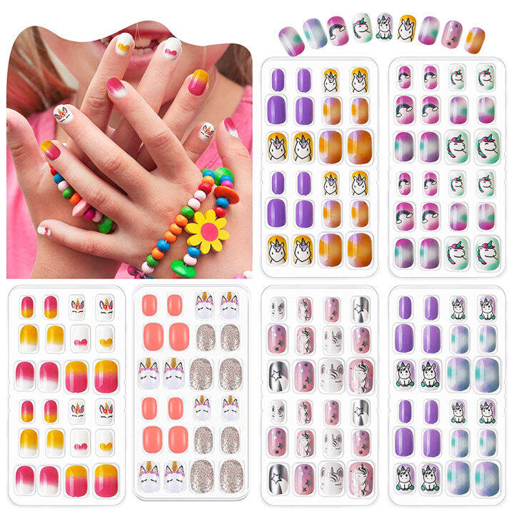 Y2K2 24PCS สวมใส่อะคริลิคเล็บประดิษฐ์สั้นรอบหัวเด็กเล็บปลอมเล็บ ...