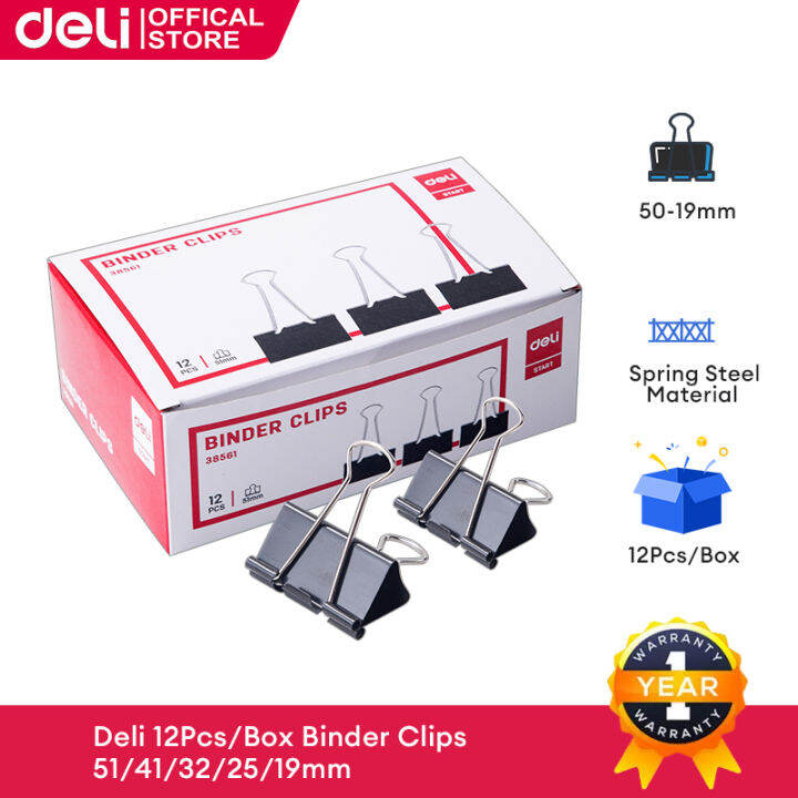 Deli 12Pcs Binder Clip 51mm/41mm/32mm/25mm/19mm Binder Clips Black ...