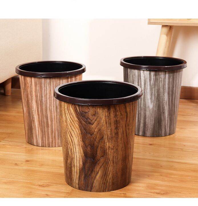 Garbage Can Wood Grain Plastic Round Trash Can with Pressure Circle ...