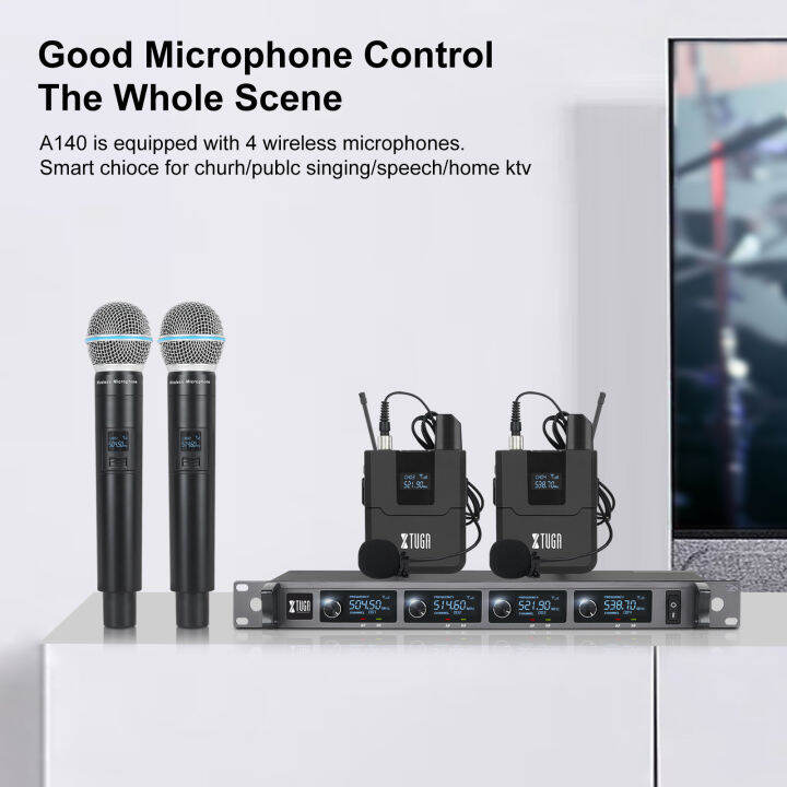 XTUGA A140 Wireless Microphone System, 4 Channel UHF Cordless Mic Set with Four Handheld Mics ...
