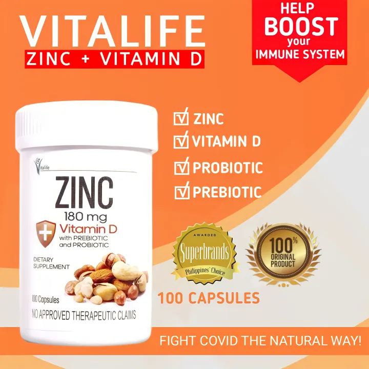 Uno Zinc Vitamin D with Prebiotic and Probiotic Vitalife Dietary Supplement 100 Capsules Zinc ...