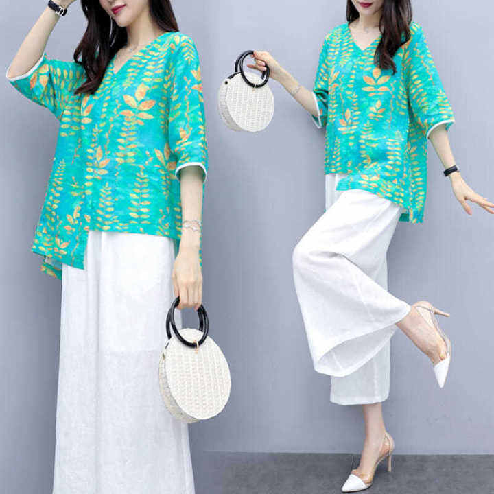 Ladies Suit New Printed Casual Fashion Two Piece Trousers Loose Wide