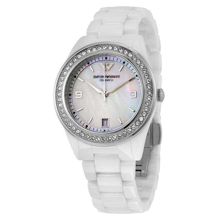 นาฬิกาผู้หญิง EMPORIO ARMANI Crystal Mother of Pearl Dial Ladies Watch ...