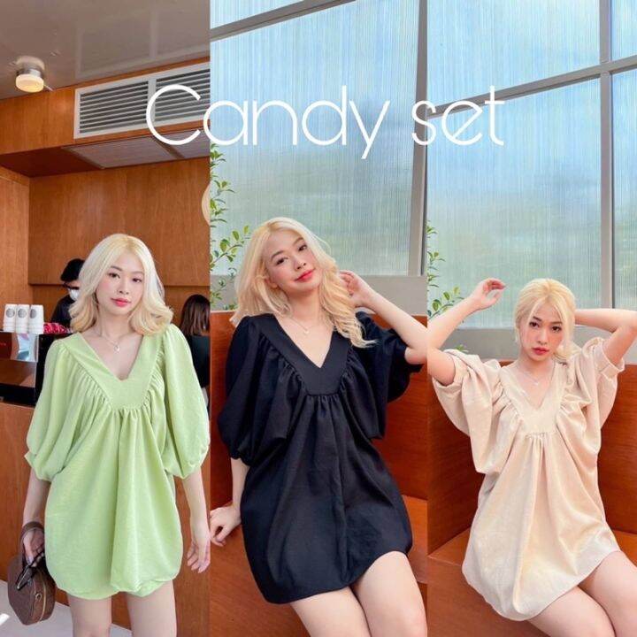 Candy Set ชุดเซทมินิเดรส+กางเกง ผ้านุ่มๆ ใส่แล้วเกาหลีสุด | Lazada.co.th
