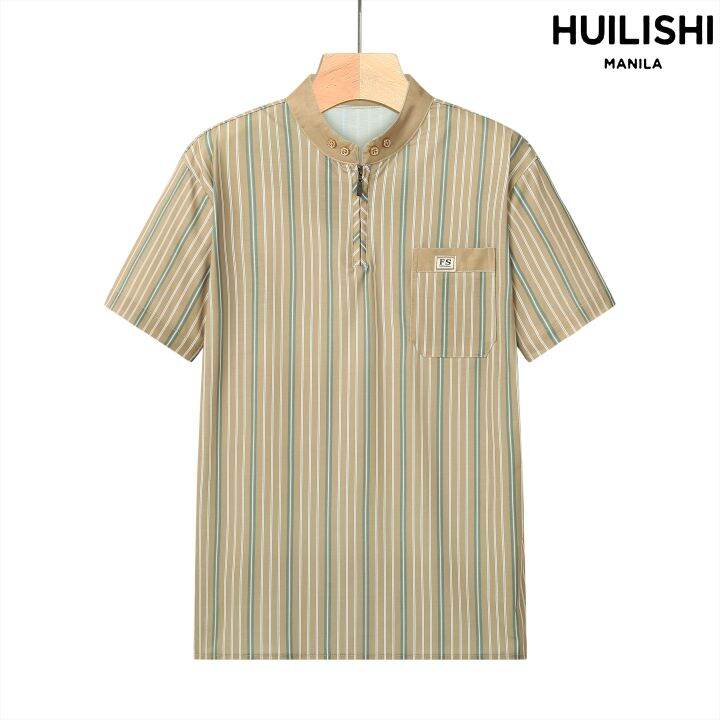 HUILISHI Summer Striped Zipper Men's Short Sleeve Casual Polo | Lazada PH