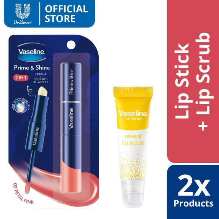 Vaseline Prime & Shine Petal Pink 3.2g + Vaseline Reveal Lip Scrub 10ML ...