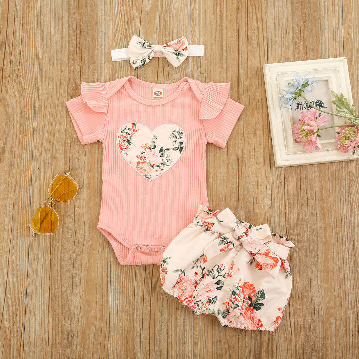 2023 Summer Baby Girl Clothes Set Fashion Heart Romper Tops Flower Shorts Headband for Newborn ...