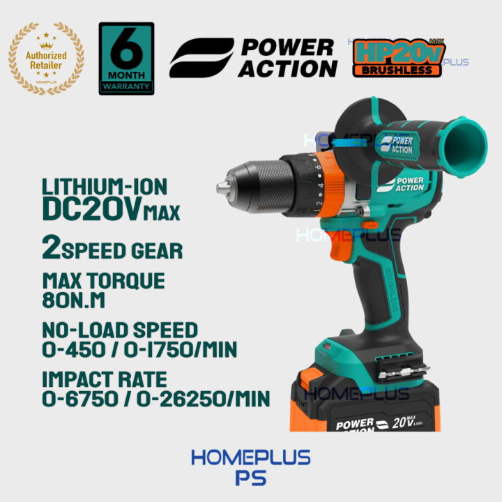 Homeplus Power Action BID20B 20V Brushless Cordless Impact Drill Power Tools Driver Mesin Gerudi ...