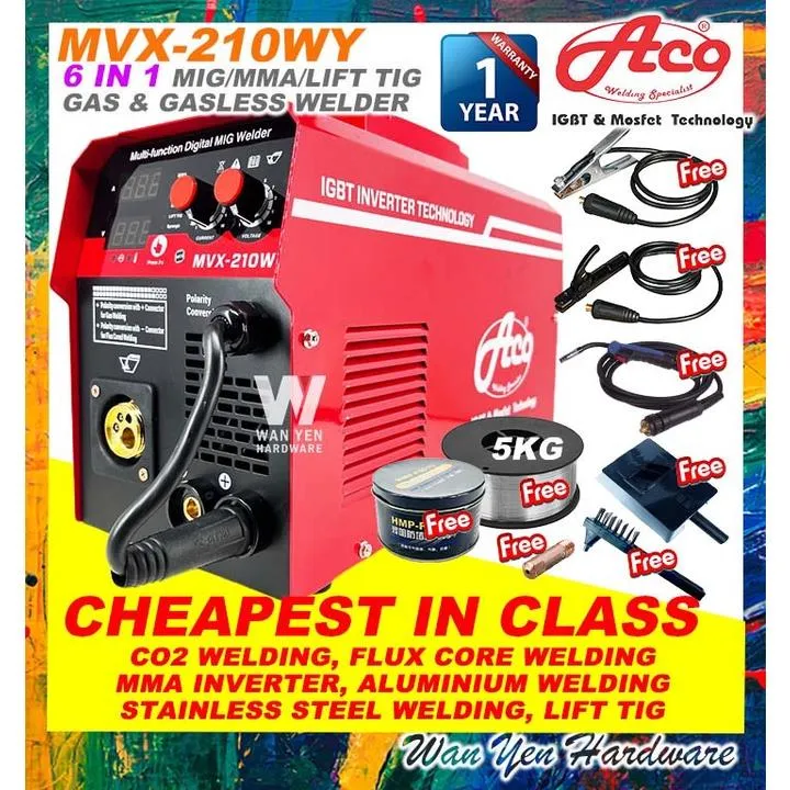 Mig welding machine set ACO MVX-210WY 6 IN 1 GASLESS MIG WELDING ...