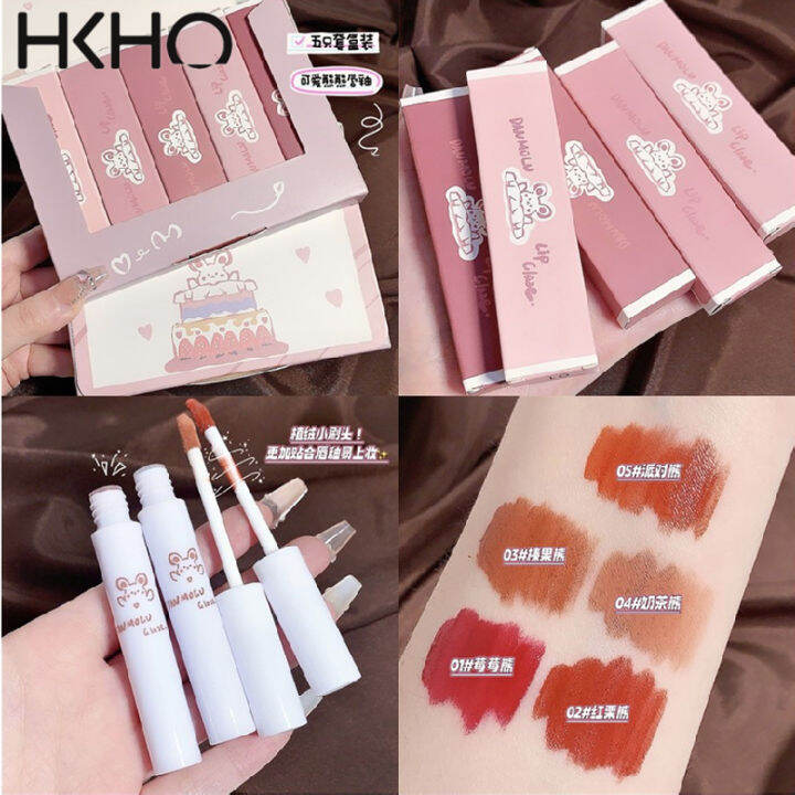 HKHO 5ชิ้น/เซ็ต Cute Bear Lip Glaze Set Matte Velvet Moisturizing ...