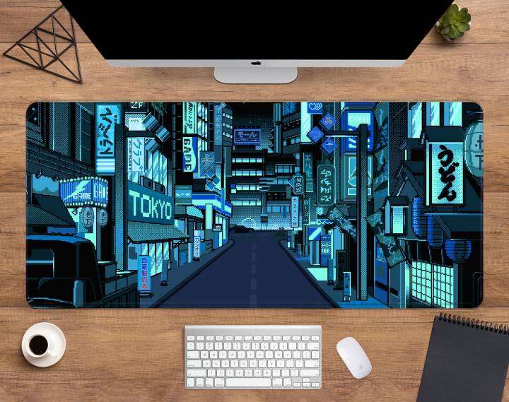 2022 Cyan Tokyo Mousepad, Vaporwave Neon Street deskmat, Retro synth ...