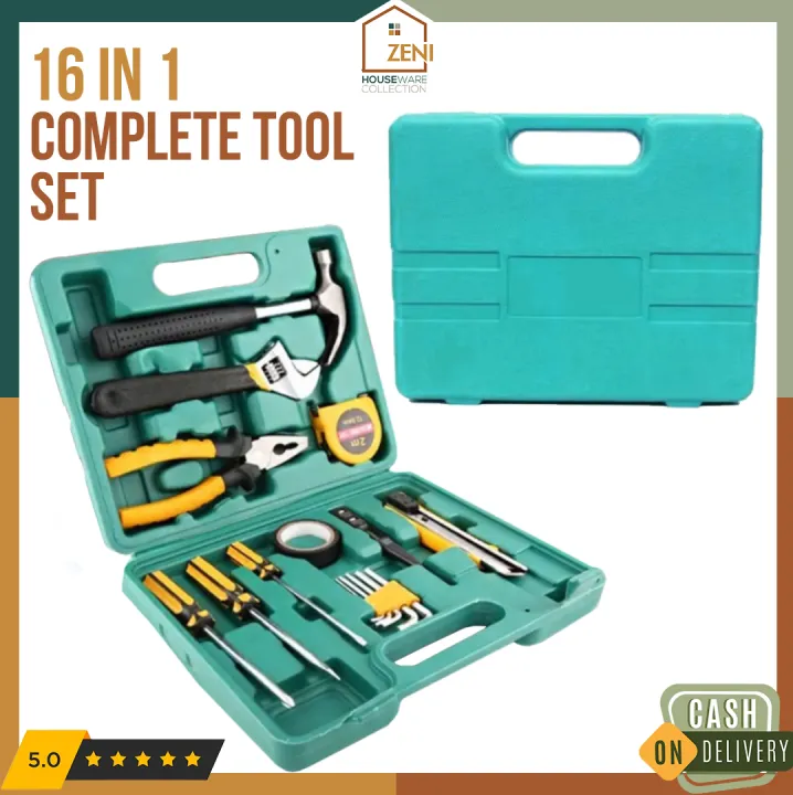 ZENI 16 pcs Complete Hardware Tools Set with Box for Home DIY Repair ...