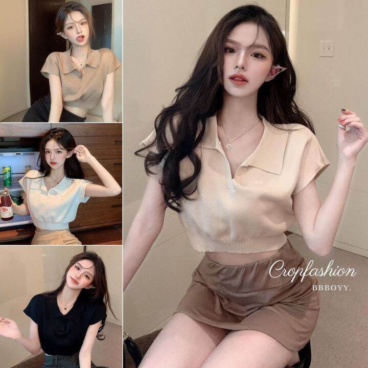 BBboyy CFM🪅เสื้อครอป ไหมพรม สีพื้น ครอปคอปกน่ารัก ครอปแขนสั้นจั้มเอว สไตล์เกาหลี ผ้านิ่มมาก ครอป ...