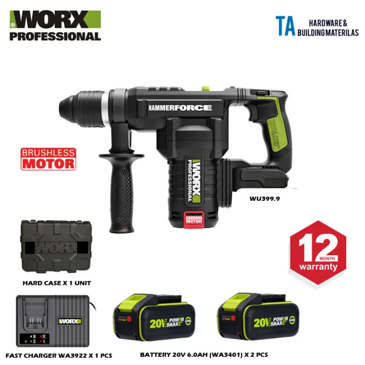 WORX WU399 LITHIUM-ION BRUSHLESS ROTARY HAMMER 20V 6.0AH 5J 26MM | Lazada