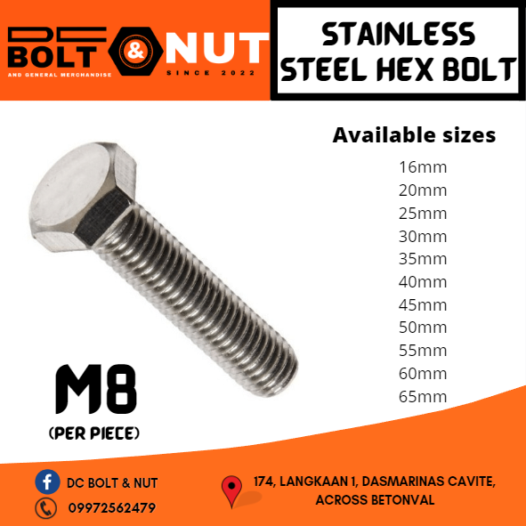 1PCS SS Hex Bolt M8 x 16~65 mm SUS Capscrew | Stainless Hexagonal Bolt ...