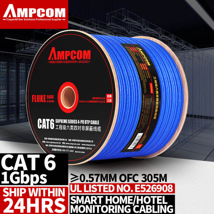 AMPCOM 30M/50M/100M Network Cable, 23AWG OFC Solid Pure Bare Copper Wire, CAT6/CAT5E 550MHz UTP ...