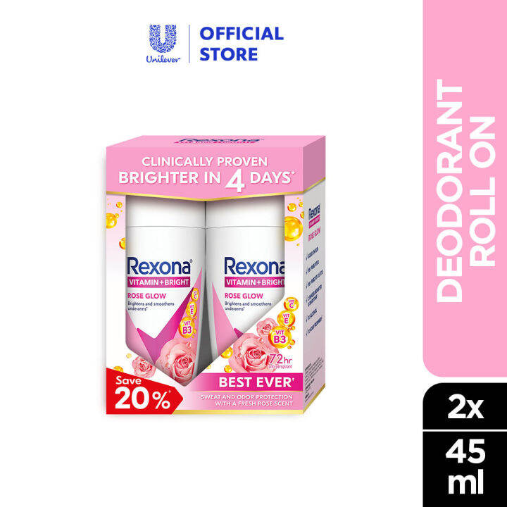 Rexona Women Advanced Brightening Roll On Deodorant Rose Glow 45ml x 2 Twin Pack | Lazada